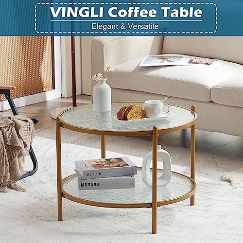 VINGLI 25.6" Small Matte Gold Round Coffee Table Water-Wave Glass Circle Clear Coffee Table, Center Table with 2-Tier Modern Storage Design for Living Room, Bedroom, Meeting Room, Balcony, Patio