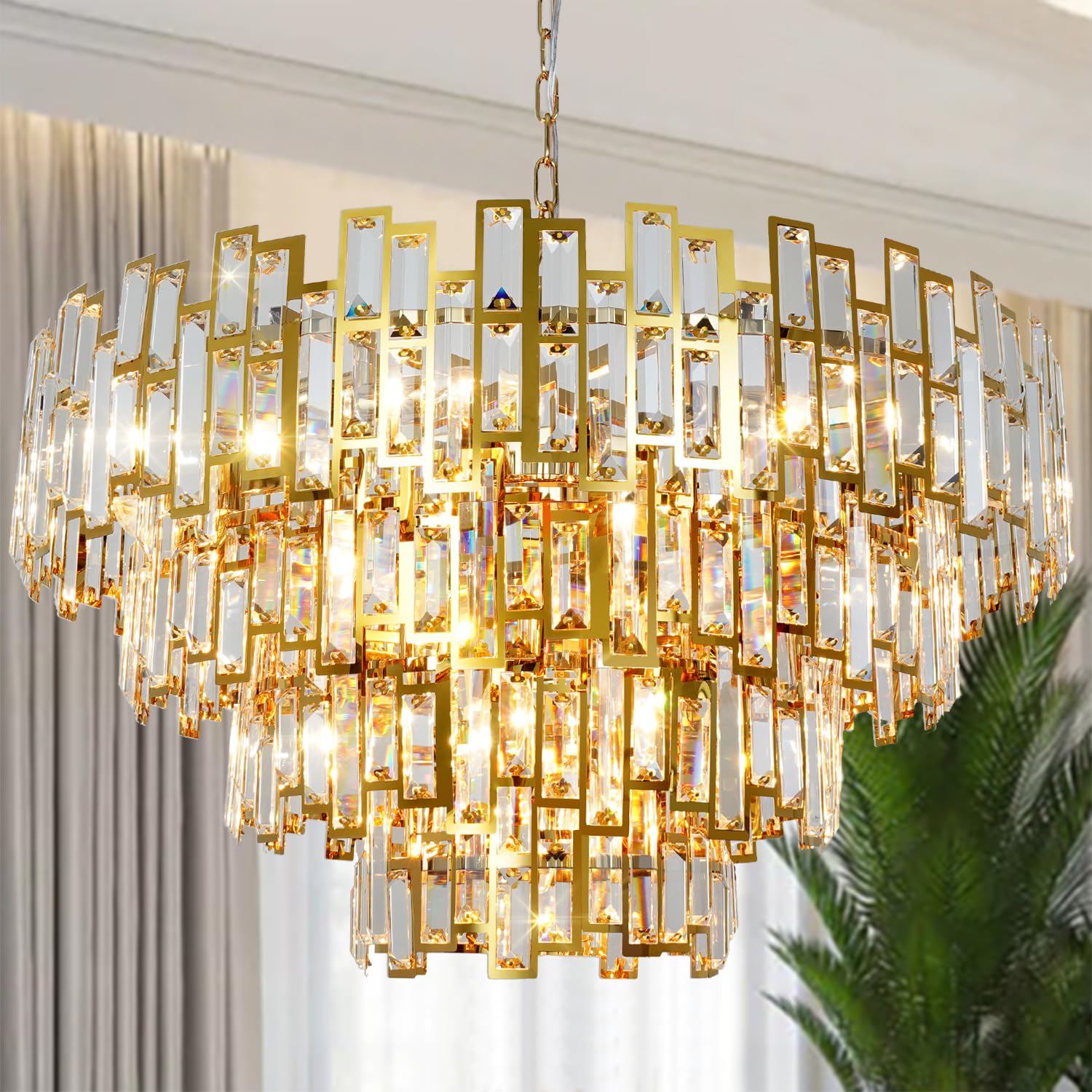 ANTILISHA Gold Crystal Chandelier Lighting Foyer Hall Entry Way Chandeliers Light Fixture for High Ceiling Sloped Pendant Hanging French Empire Style Round Large