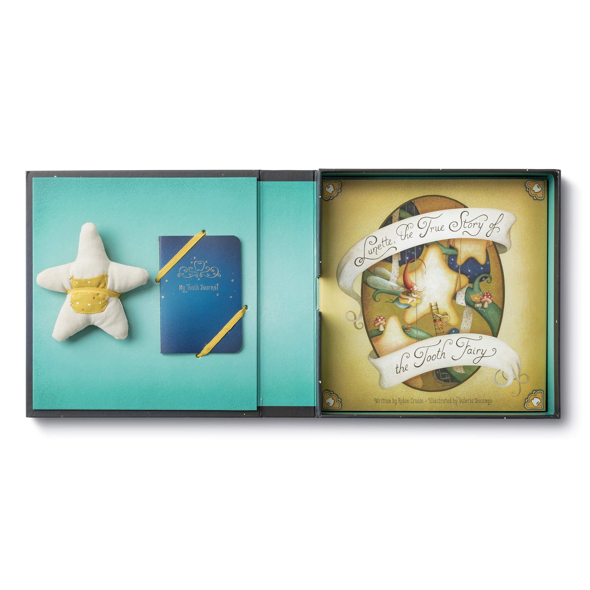 The Tooth Fairy Kit β Includes book, a star pillow with a pocket for teeth and treasures, and a keepsake journal.