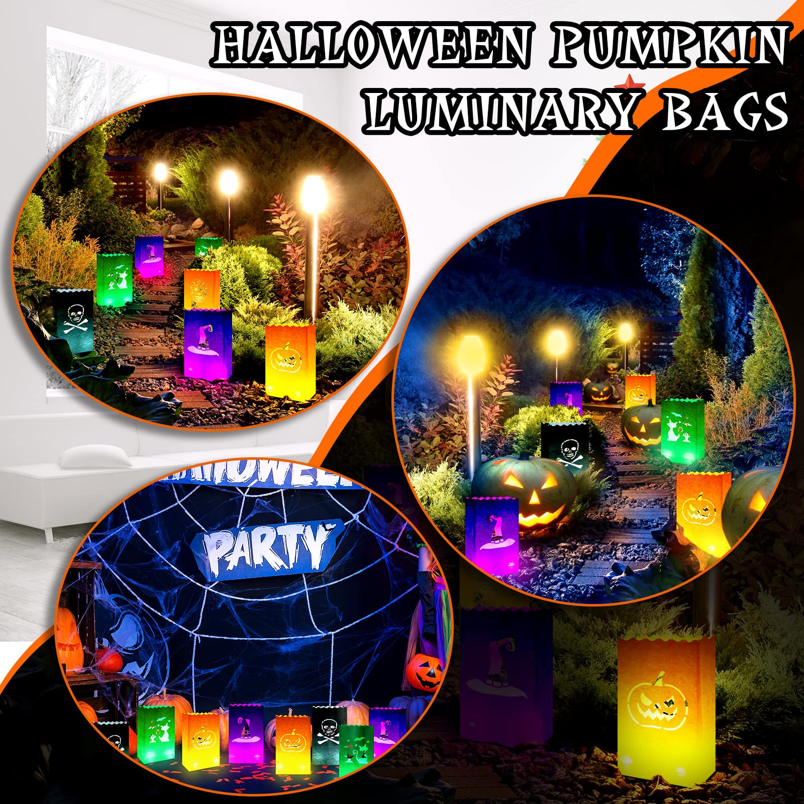 Meanplan 48 Pcs Halloween Luminary Bags with LED Light Candles Set 24 Pcs Luminary Candle Bags 24 Pcs LED Tealight Candles Ghost Lantern Bags for Halloween Outdoor Indoor Patio Decorations (Novel)