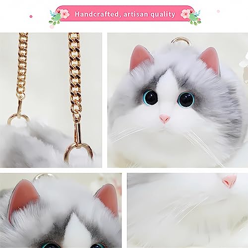 HUIJUFU Realistic Puffy Plush Cat Shaped Crossbody Handbag for Women(White gray)