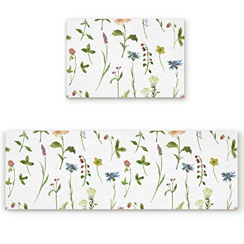 Aomike Kitchen Mats 2 Piece, Wildflower Bellflower Flower Collection Doormat, Absorbent Kitchen Rugs Set Inside Floor Mat for Kitchen/Office/Entryway, 21.5" x 23.6"+21.5" x 47.2"