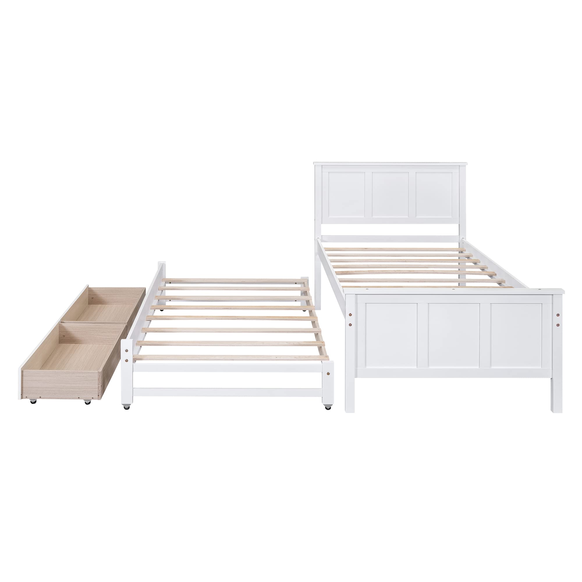 CITYLIGHT Twin Bed with Trundle and Storage, Wood Twin Size Platform Bed Frame with Trundle and Drawers, Space-Saving Twin Size Bed for Kids, Boys, Girls (Twin,White)
