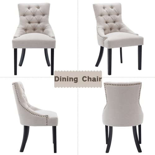 CIMOO Linen Dining Chairs Set of 2 Mid Century Modern Tufted Accent with Solid Wooden Legs Nailhead Trim Room Leisure Padded side for Room/Kitchen/Living Room, Beige, Linen-beige-2pcs