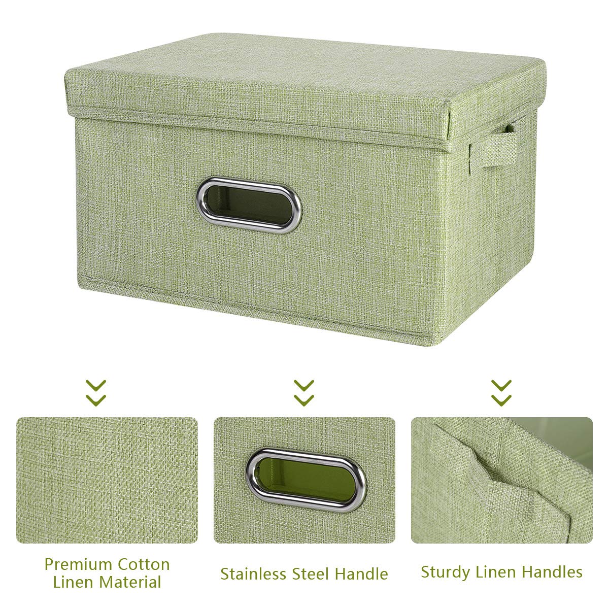 ANMINY 2 PCS Storage Boxes with Handles Removable Lids PP Plastic Board Foldable Lidded Cotton Linen Home Storage Cubes Bins Baskets Closet Clothes Toys Organizer Containers - Green, Small Size