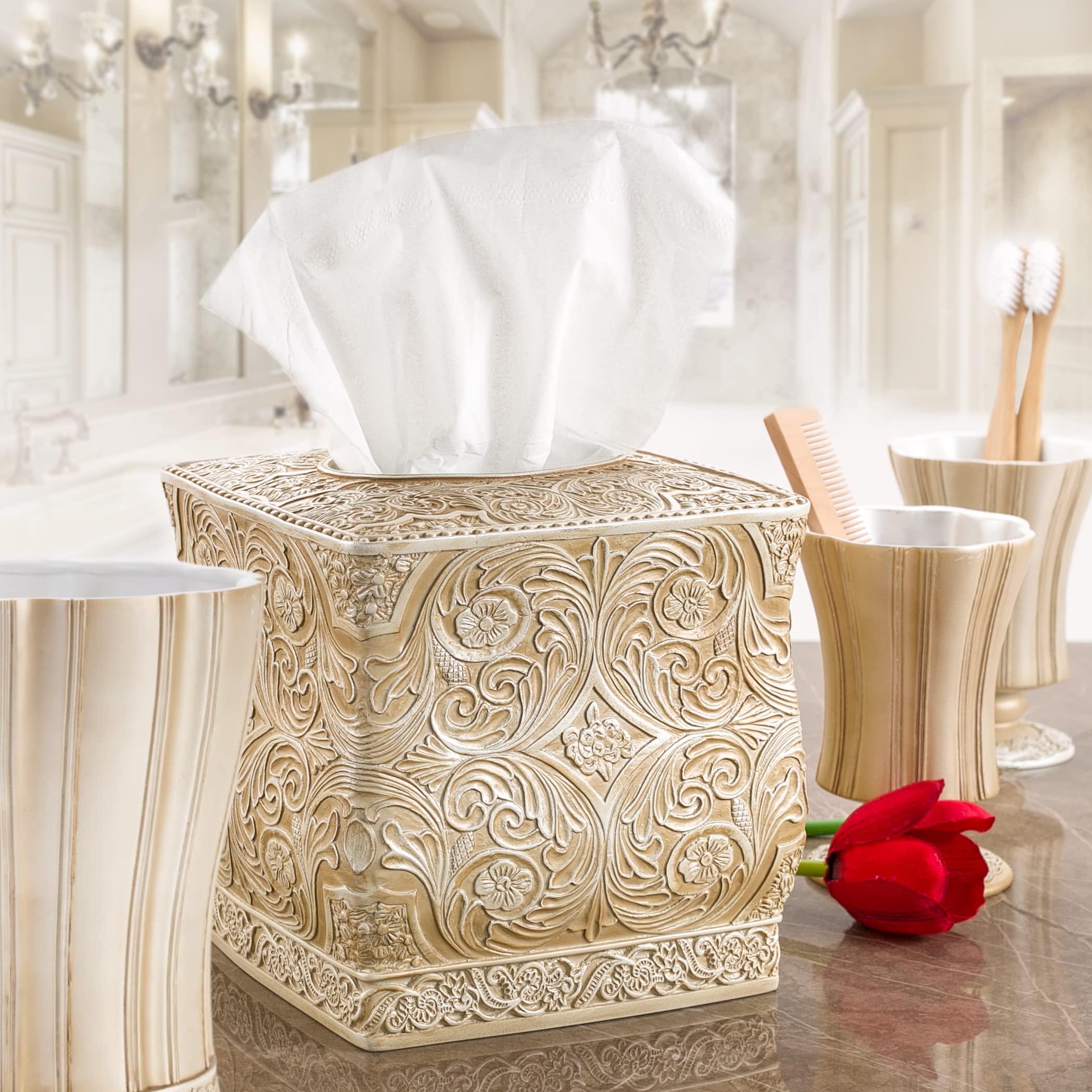 Creative Scents Bathroom Trash Can - Decorative Bathroom Wastebasket - Durable Beige Waste Bin - Space Friendly Waste Basket for Bathroom, Bedroom, Powder Room Or Living Room Decor (Victoria)
