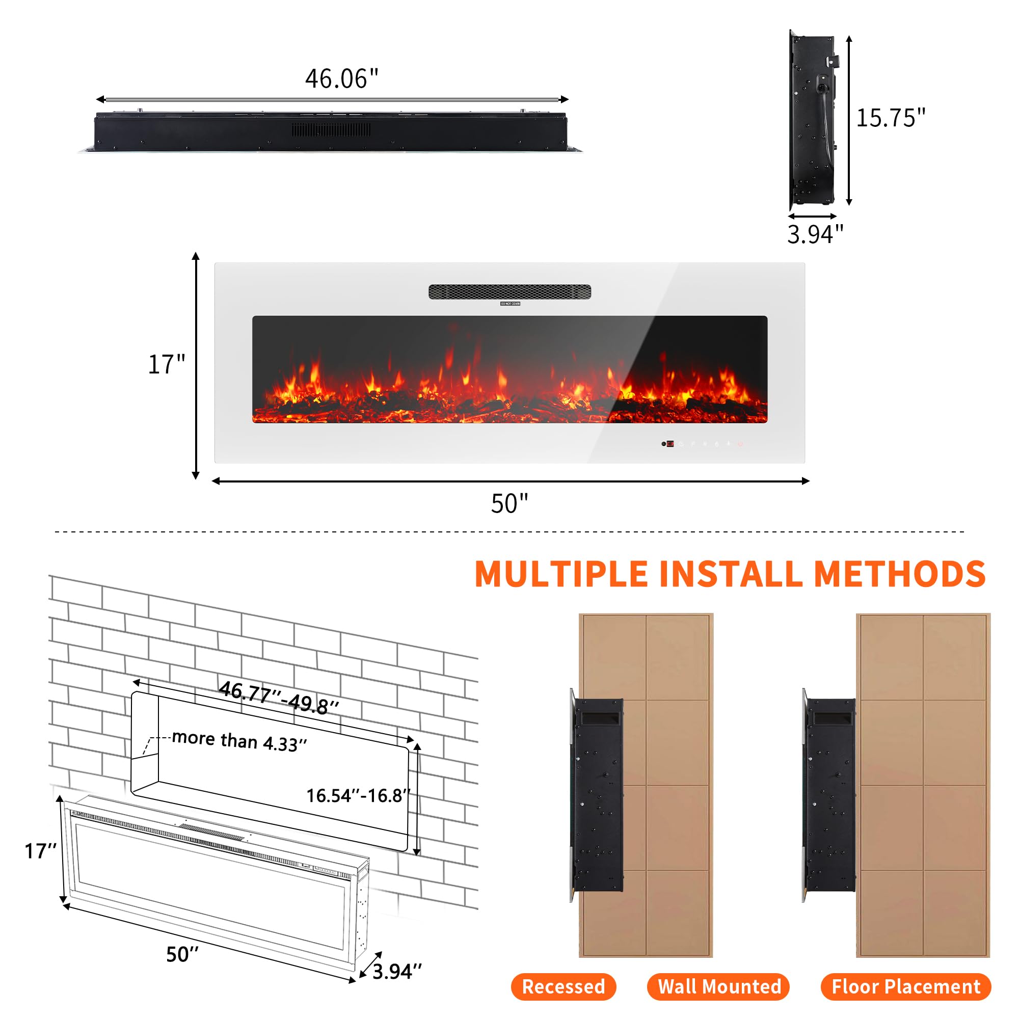 Amerlife 50" Electric Fireplace Wall Mounted, Recessed and Freestanding, Fireplace Heater W/12 Flame Color and Brightness, Touch Screen & Remote Control, Log Set & Crystal Included, White