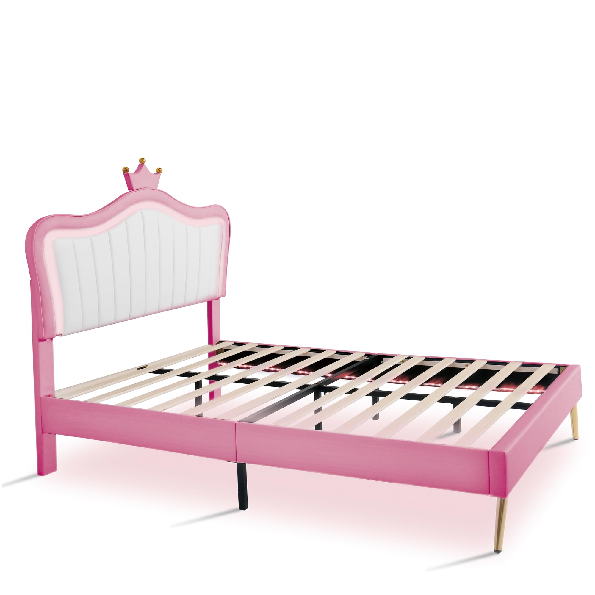 Harper & Bright Designs Full Size Princess Bed with Crown Headboard and LED Lights, PU Upholstered Full Platform Bed with Adjustable Headboard, Kids Full Size Bed Frame for Boys Girls (White+Pink)