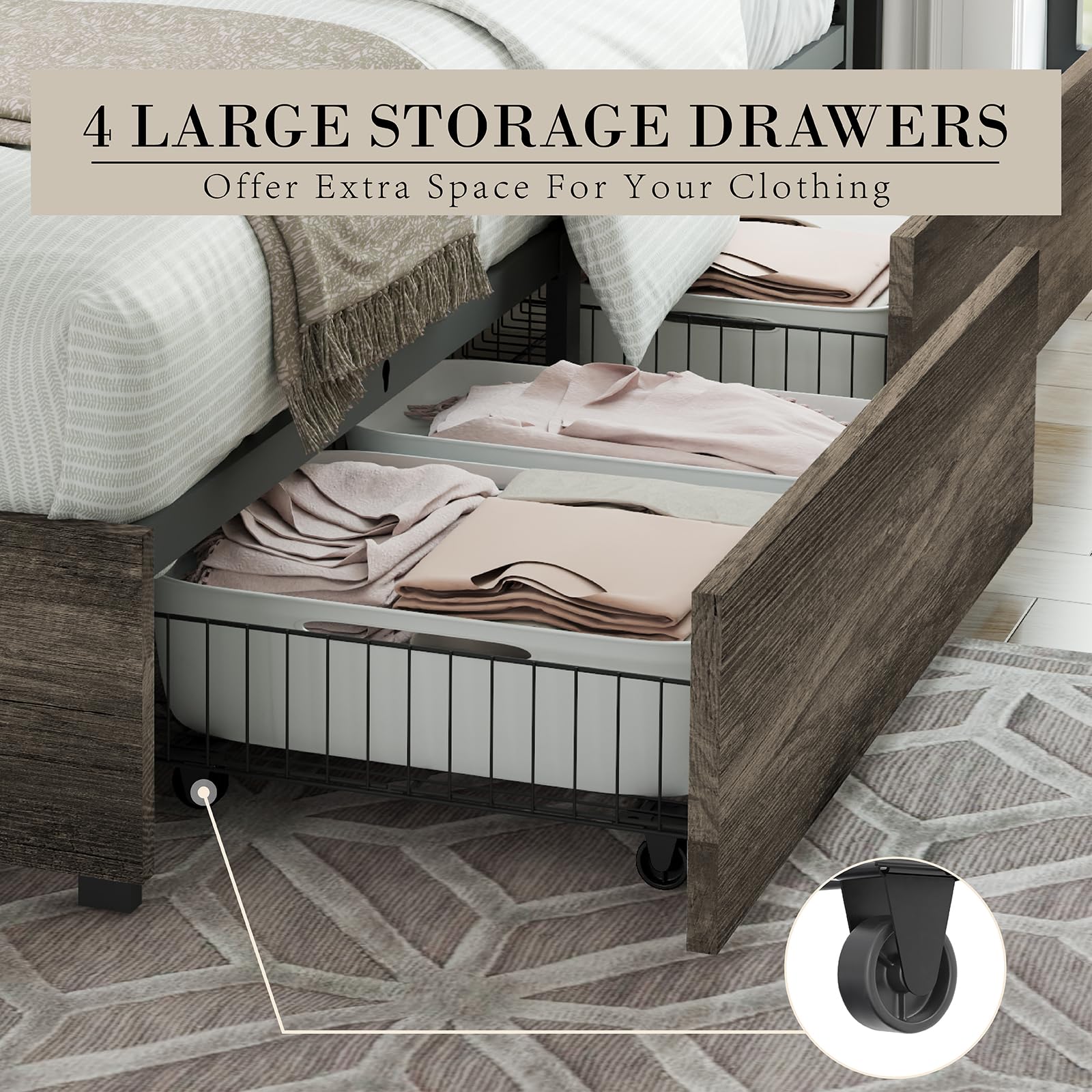 AMERLIFE King Size Storage Bed Frame, Wooden Platform Bed with Charging Station, 4 Drawers & Headboard/No Box Spring Needed/Noise-Free/Rustic Grey