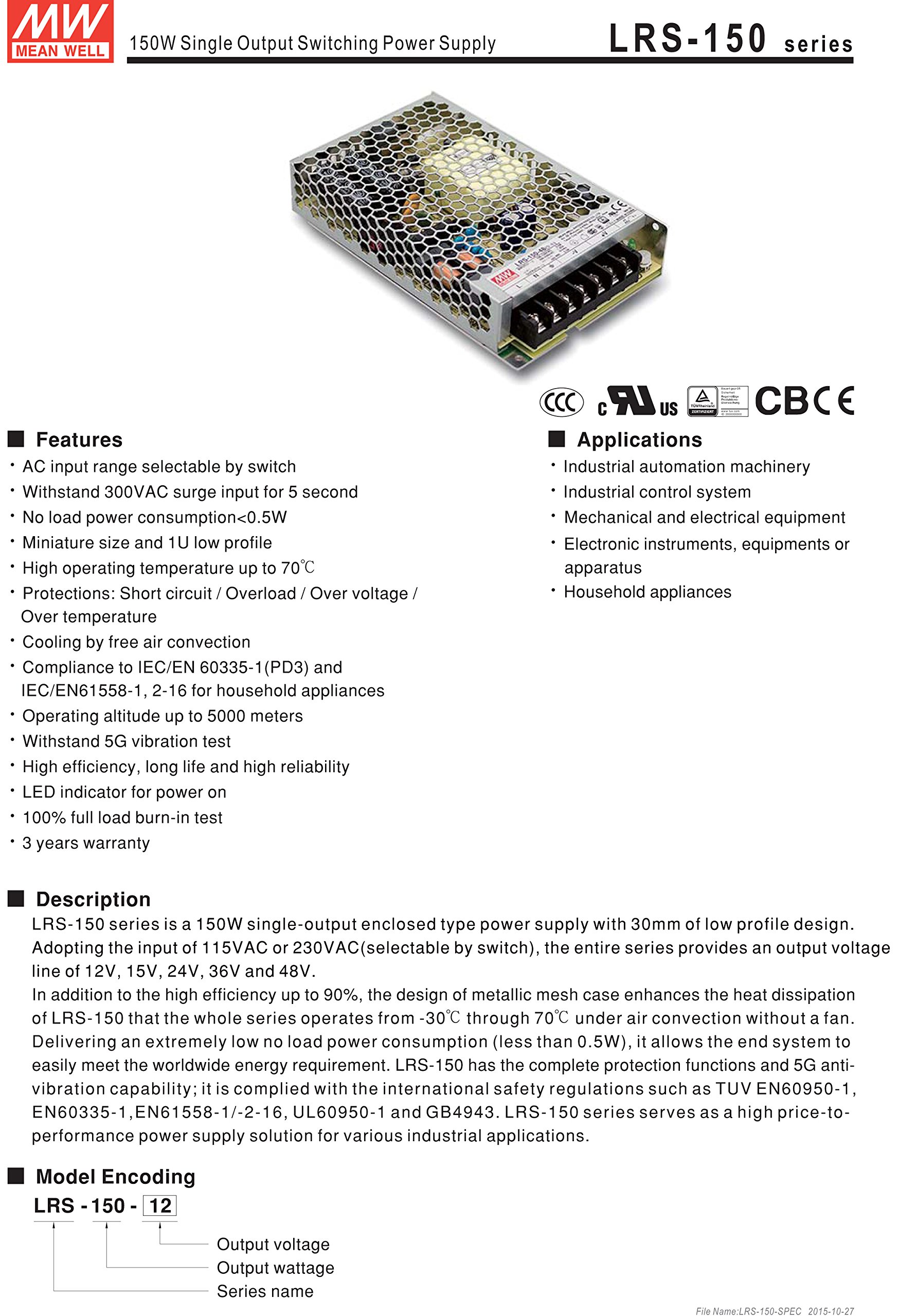 MEAN WELL MW LRS-150-24 24V 6.5A Enclosed-LRS Switching Power Supplies