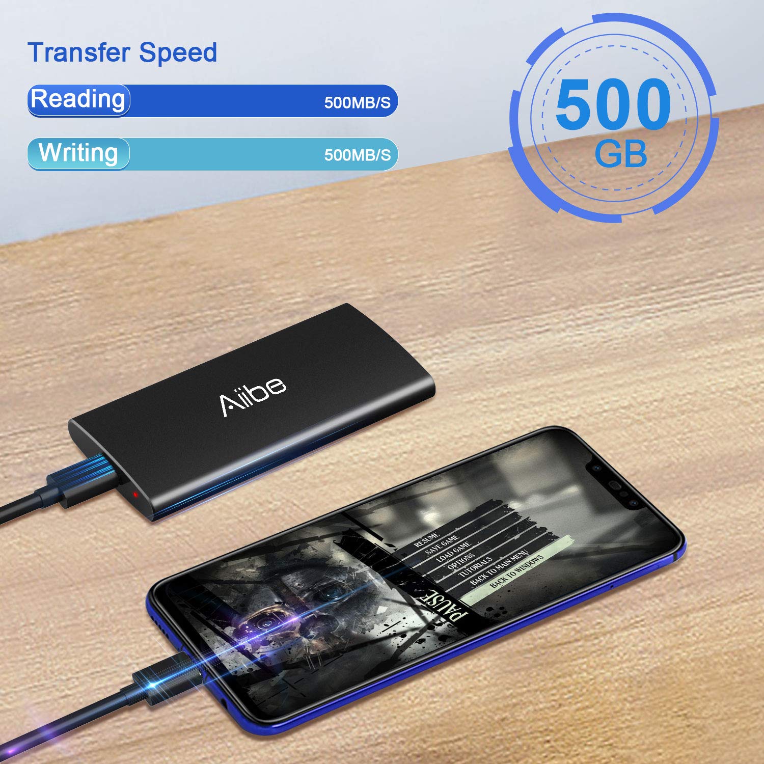 Aiibe External Portable SSD 500GB - Up to 500MB/s - USB-C, USB 3.1 External Solid State Drive 500GB 500G USB SSD Drive for PC Laptop, Mac, Xbox and PS4 - Black