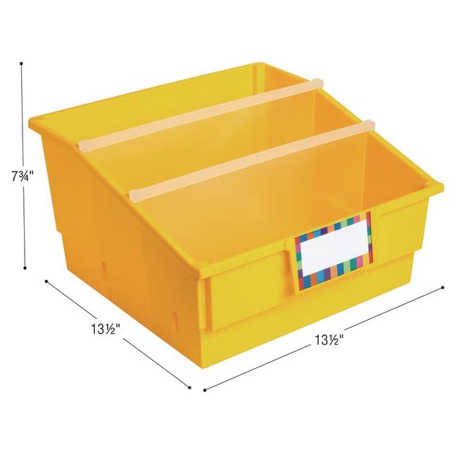 Really Good Stuff Large Plastic Book Organizer Bins, Dividers, Built-in Label Holder, 13.5β by 13.5β by 7.75β (Set of 4, Primary Colors) - For Picture Books, Large Reference Books in Classroom or Home