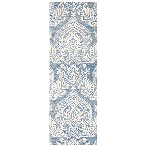 Safavieh Micro-Loop Collection Runner Rug - 2'3" x 7', Blue & Ivory, Handmade Damask Wool, Ideal for High Traffic Areas in Living Room, Bedroom (MLP512M)