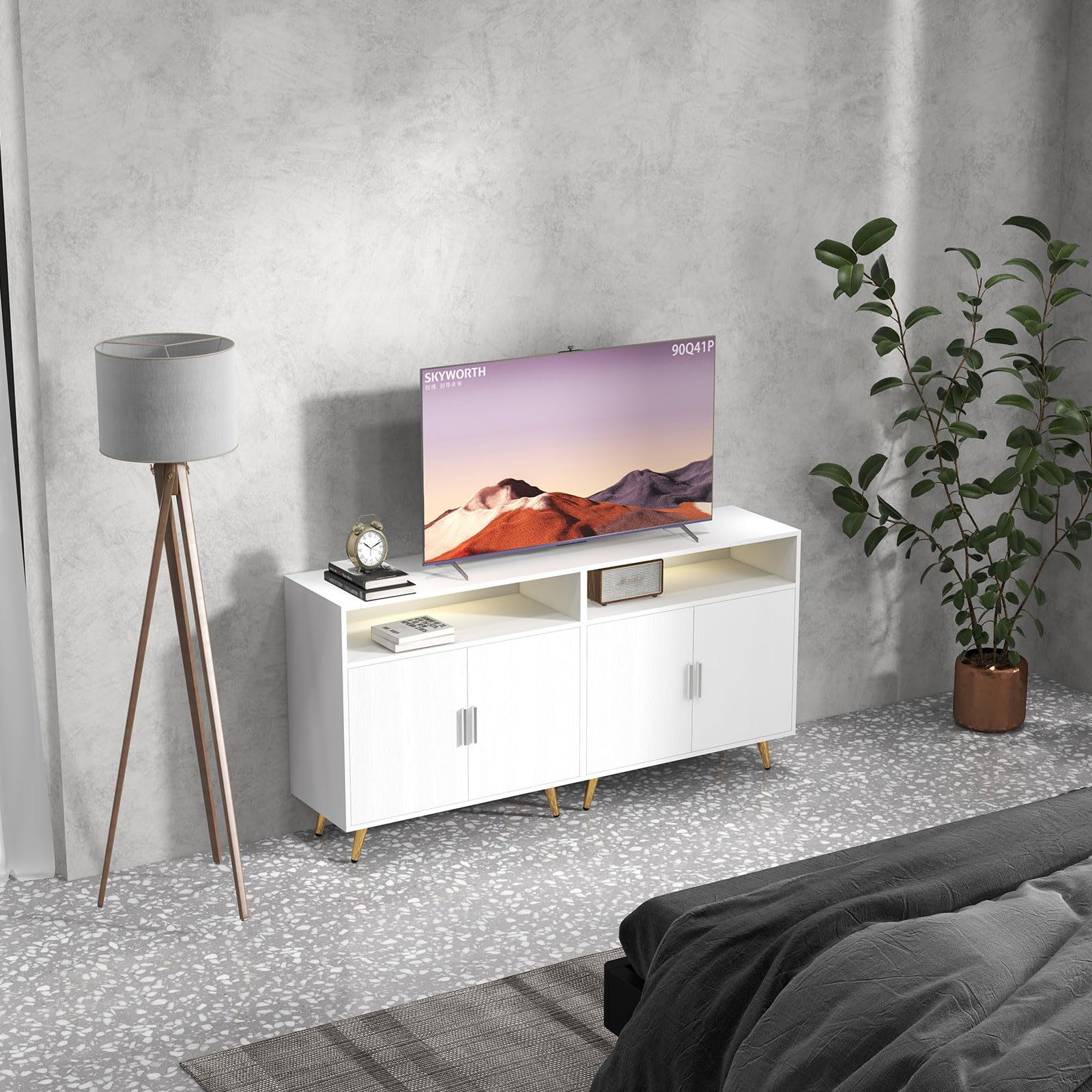 Bonzy Home 4-Tier Storage Cabinet with Sensor Light, Shoe Cabinet with Doors and Shelves for Hallway, Living Room, White