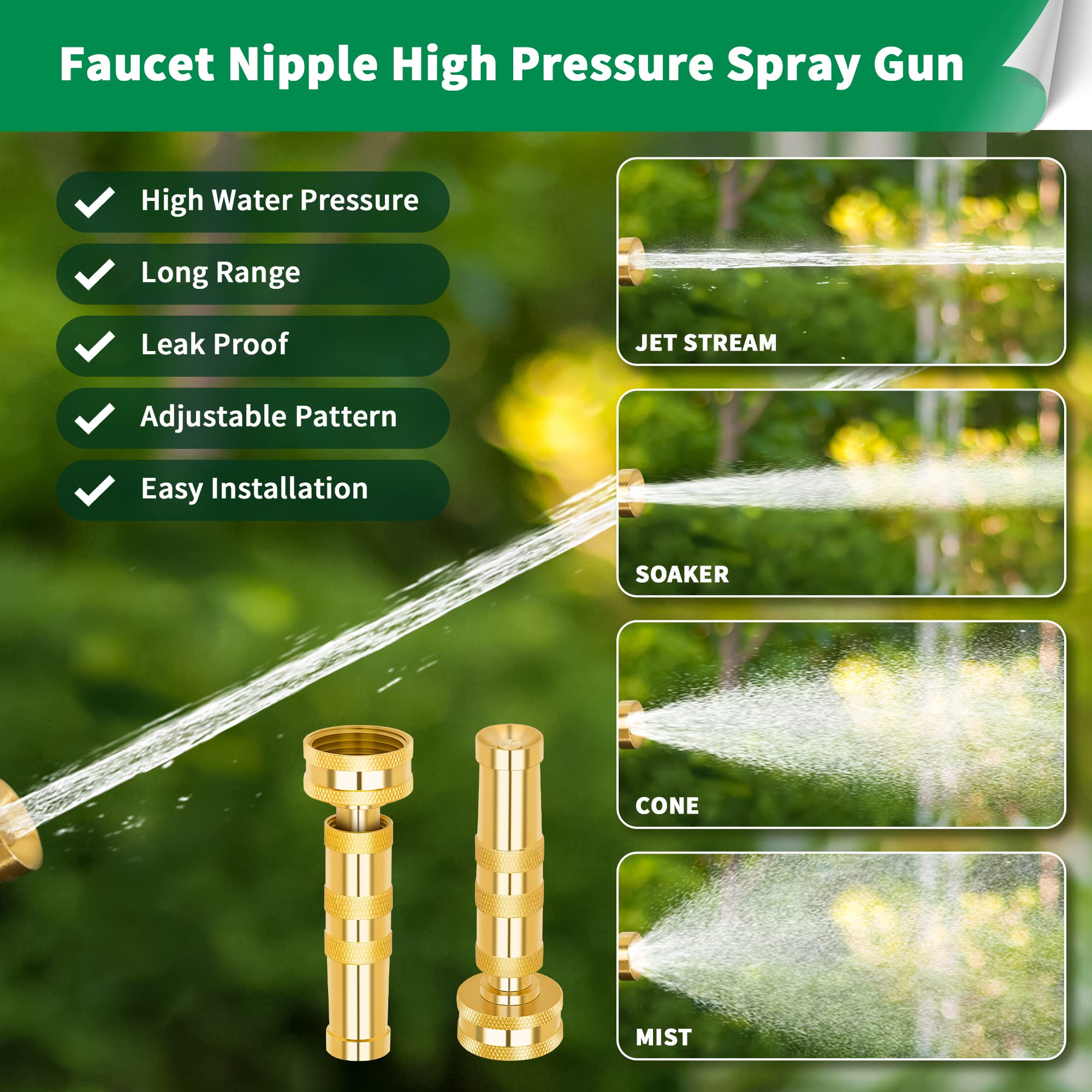 AUTOMAN Brass Hose Nozzle β High Pressure Jet Nozzles 2 Pack, Heavy Duty Sprayer for Garden Hoses, Adjustable Spray Gun, Solid Twist Water Hose Nozzle for Patio, Lawn, Car Wash, Extra 6 Rubber Washers