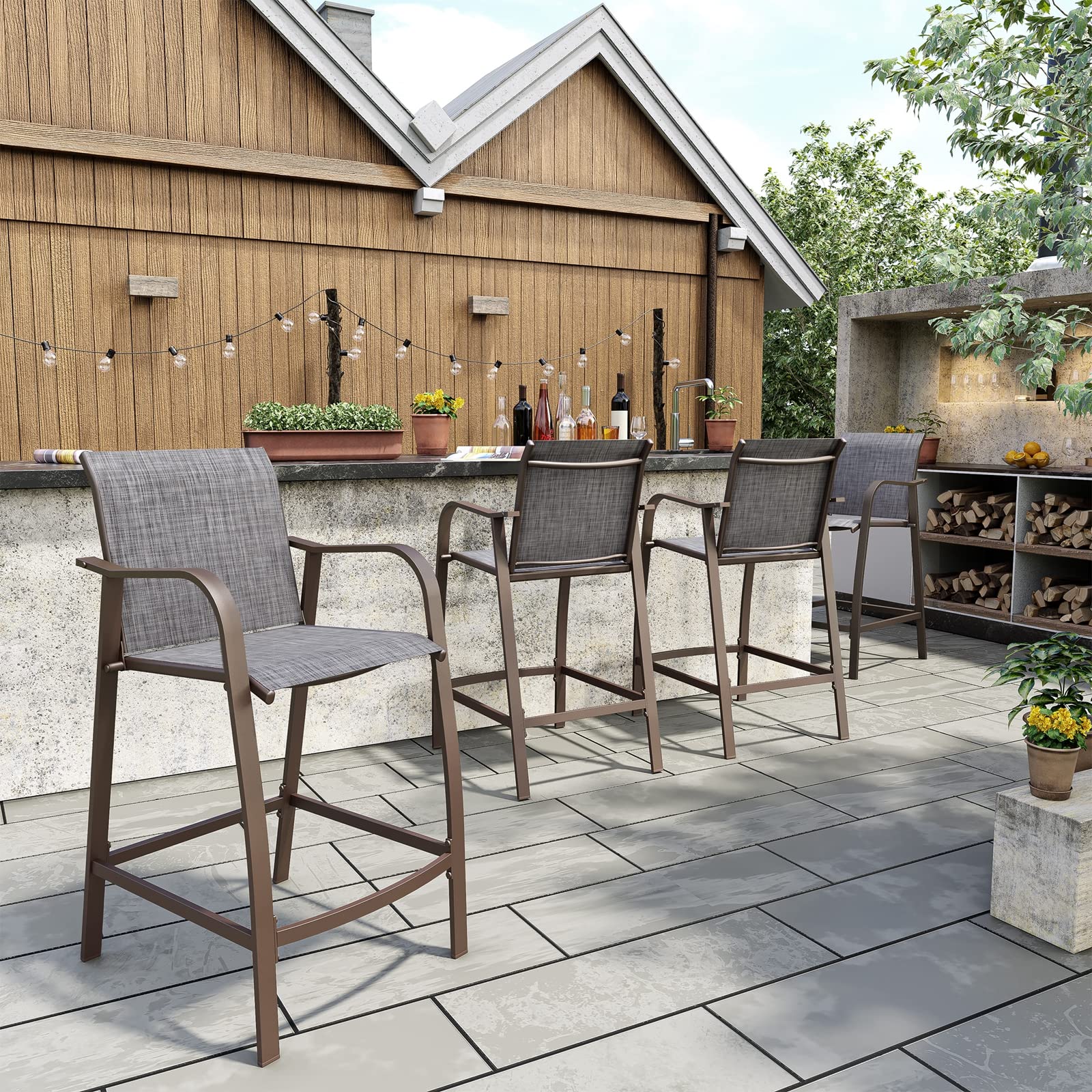 Crestlive Products Outdoor Bar Stools Set of 4, Counter Height Bar Stool All-Weather Patio Furniture with Armrests, Patio Aluminum Bar Stools for Garden Backyard Lawn, 27.5'' Seat Height (Dark Gray)