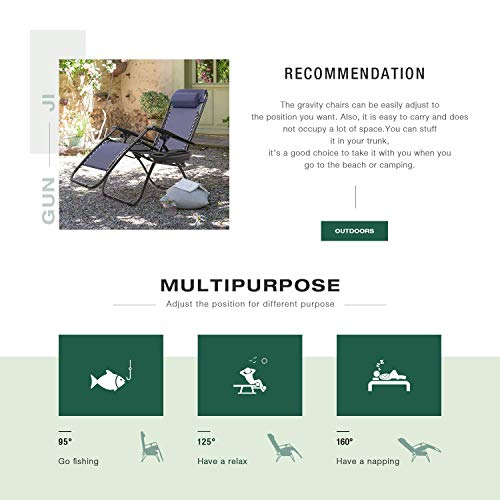GUNJI Zero Gravity Chair Outdoor Lawn Folding Lounge Chairs Adjustable Reclining Patio Chairs Set of 2 with Cup Holder Lounge Gravity Chairs for Poolside, Backyard, Beach and Camping (Blue)