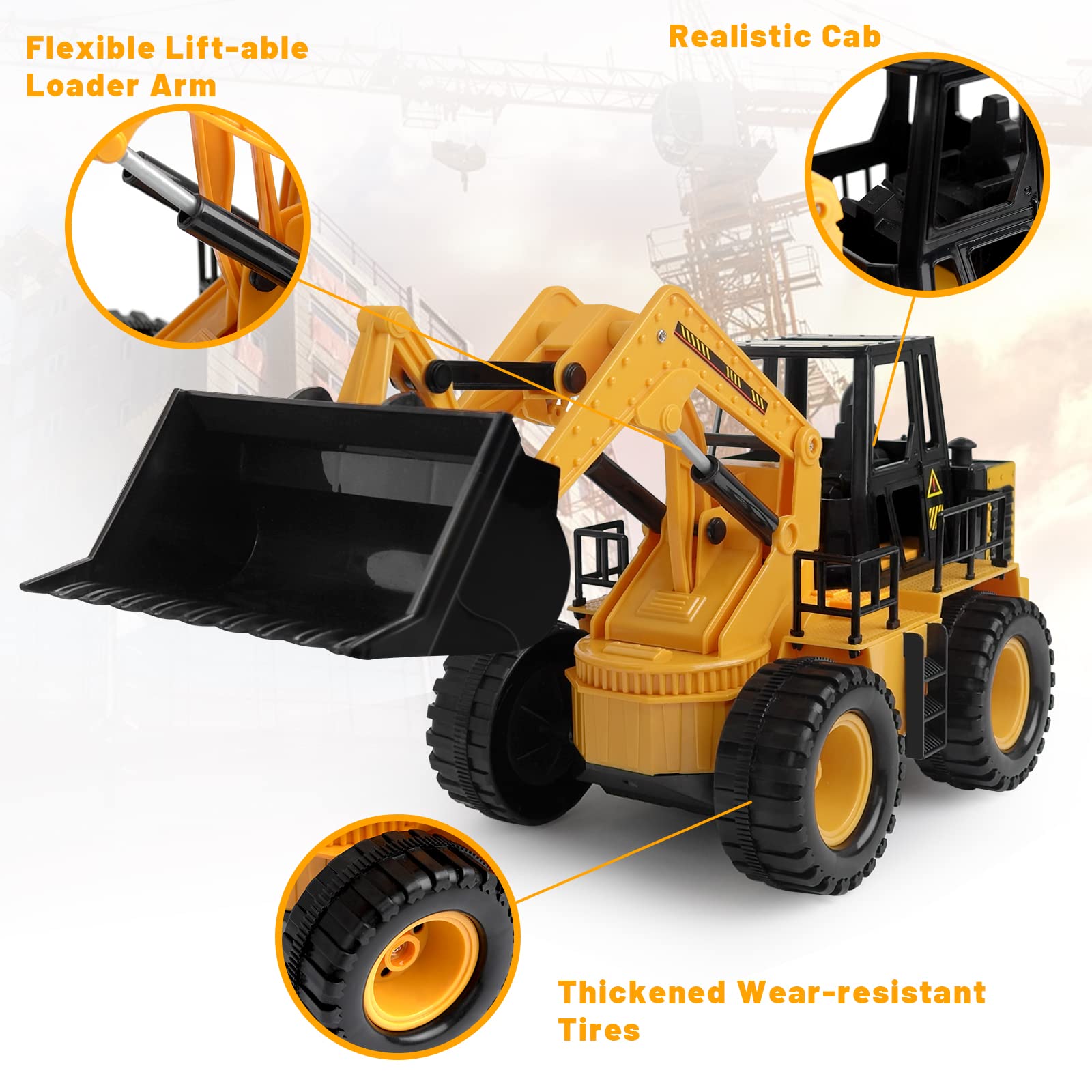 HYG Toys Remote Control Bulldozer, 1/24 Scale Front Loader Construction Vehicles Tractor for Boys,Construction Vehicles 9 Channel Tractor Excavator Toy