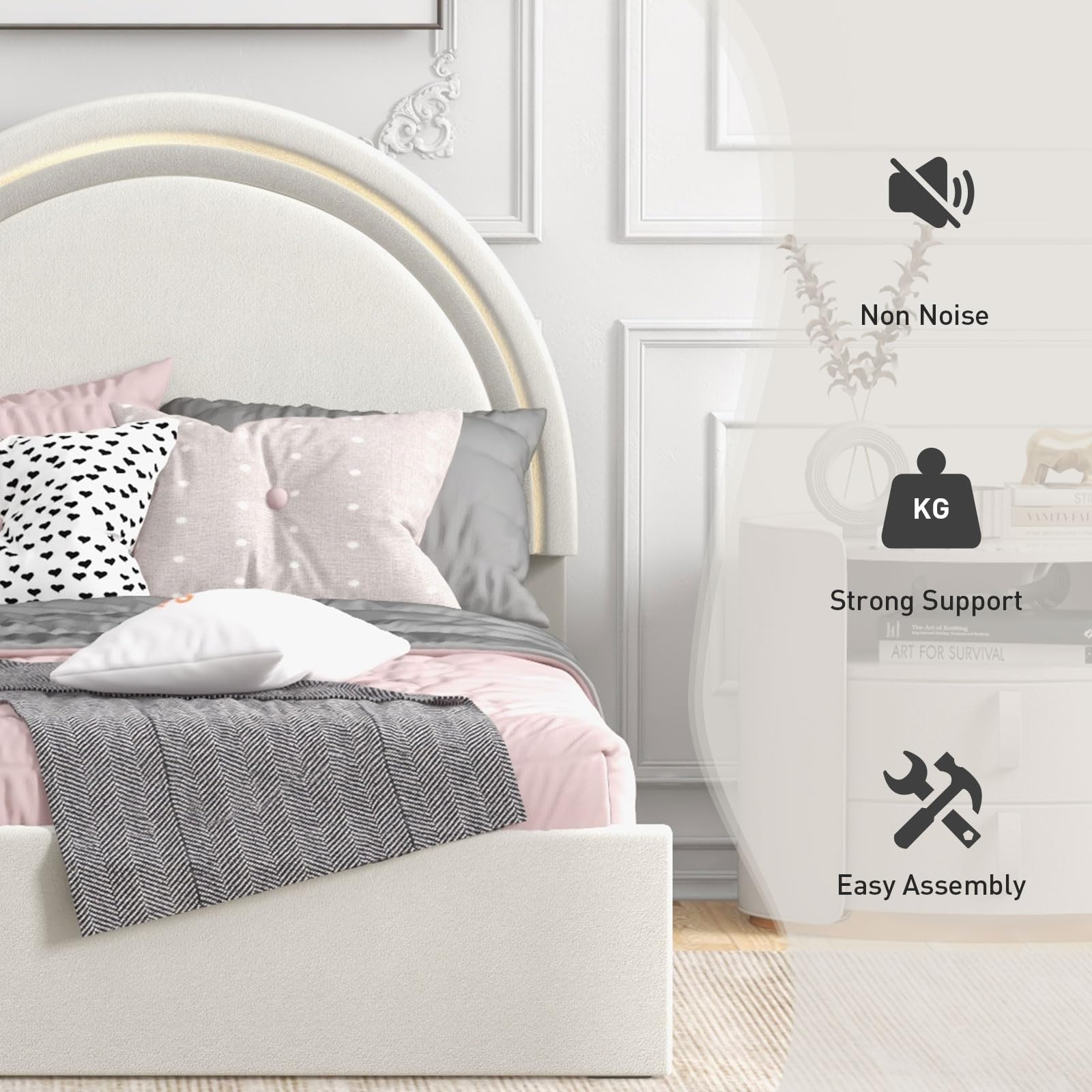 Bonzy Home Twin Size Bed Frame with LED Round Headboard, Princess Platform Bed Frame with 4 Storage Drawers, Girls Twin Bed Frame with Lights, Slats Support, No Box Spring Needed