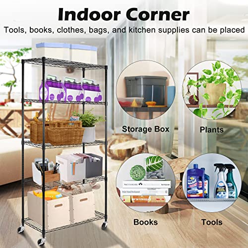 WDT 5-Shelf Shelving Storage Units on Wheels Casters, Adjustable Heavy Duty Metal Shelf Wire Storage Rack for Home Office Garage Kitchen Bathroom Metal Rack (16”Wx36”Dx75”H), Black