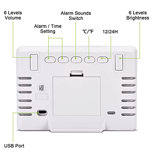 Amgico Digital Alarm Clock with Snooze, Small Clock/Table Clock, 6.3" LED Digital Calendar, 12/24H, Adjustable Brightness/Volume, Desk Clock for Bedroom, Living Room, Office - White