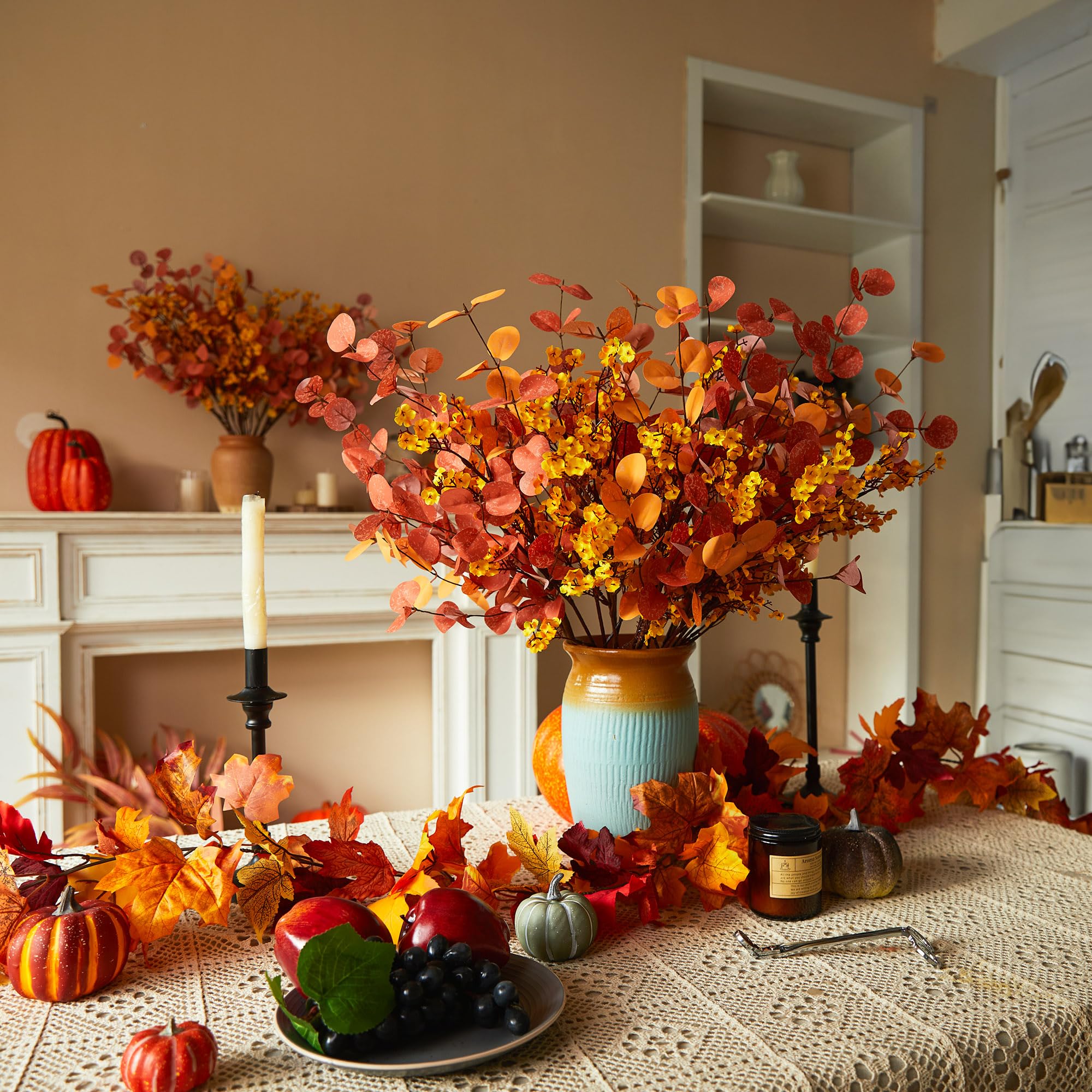 Anna's Whimsy 8 Pcs Artificial Eucalyptus Stems and Fake Babys Breath Flower Fall Decorations Fall Leaves for Fall Home Decor
