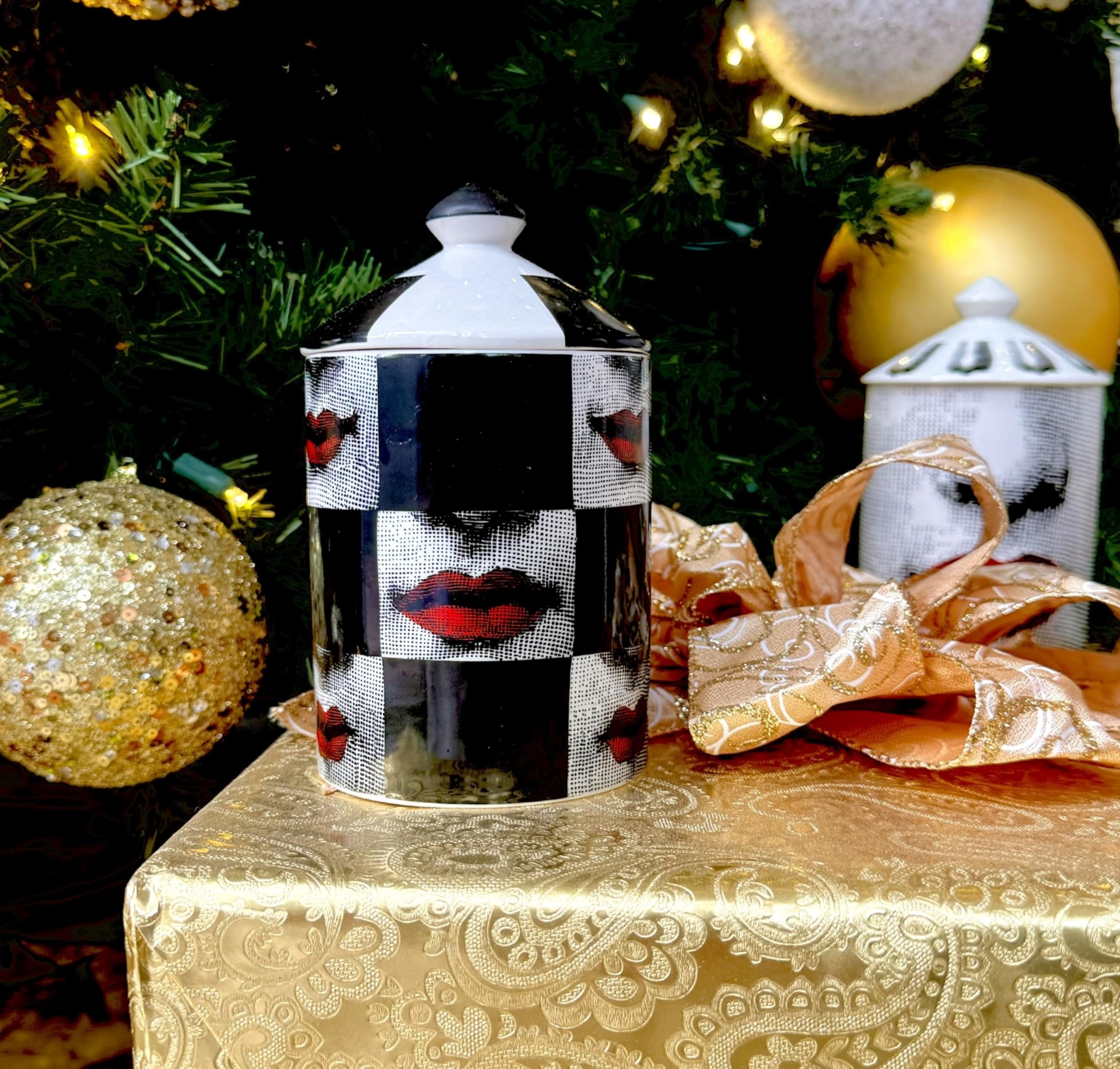 AlphaDesignLuxe Decorative Candle Holder Handcrafted Aromatherapy Candle Jar Italian Designer Décor Fashionable Tabletop Vase Modern Art Female Face Eyes Lips Centerpiece. (Red Lips Black Squares)