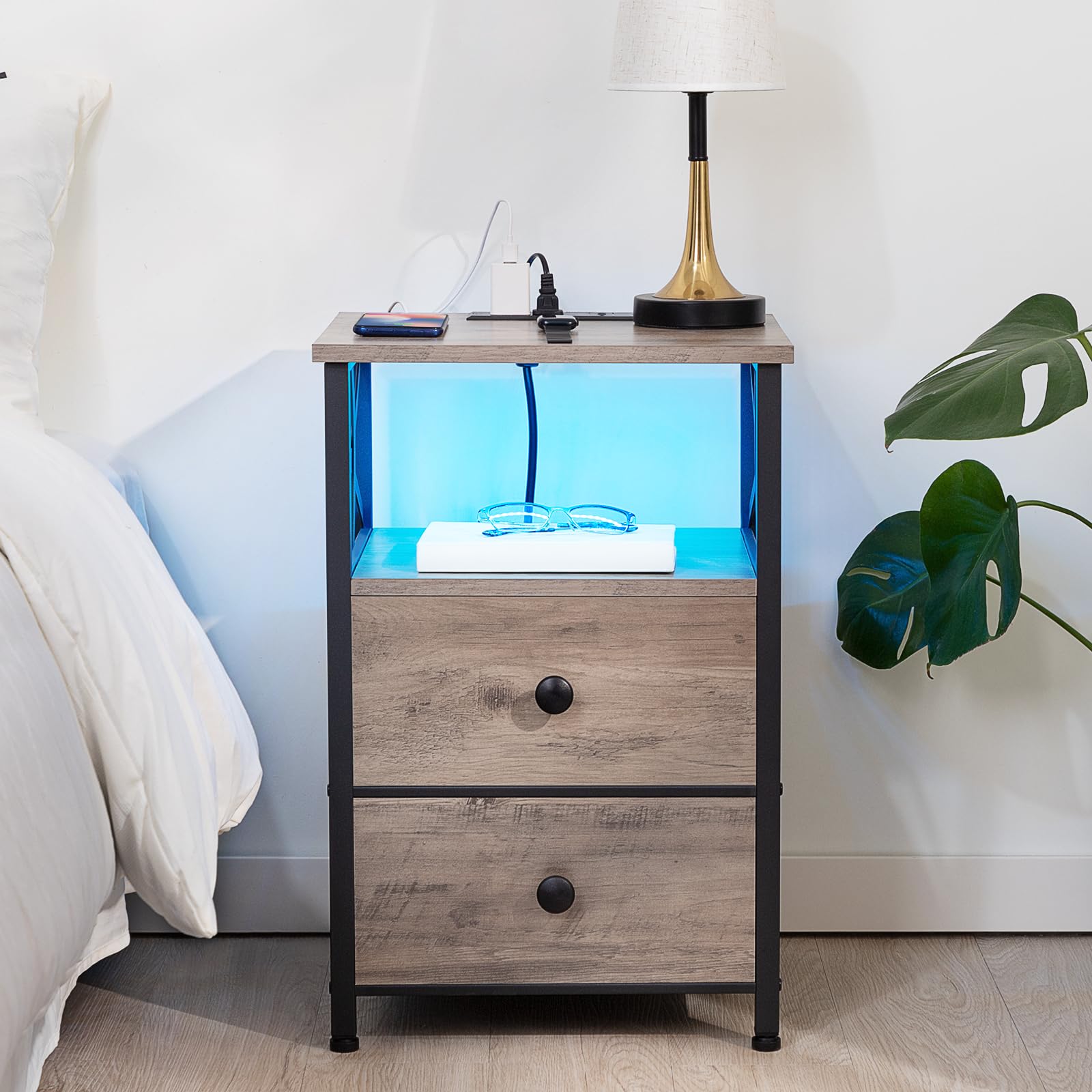 AMHANCIBLE Night Stand Set 2, LED Nightstands for Bedroom Set of 2 with Charging Station, End Table with USB Port and Outlet, Side Table with 2 Storage Drawers for Living Room, Greige, HET052LGY