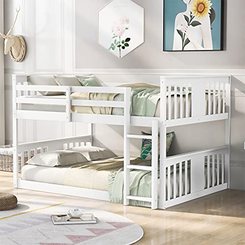 CITYLIGHT Floor Full Over Full Bunk Beds, Wooden Low Full Over Full Bunk Bed for Kids, Toddler Full Bunk Bed for Girls Boys Teens’ Bedroom or Dorm (Full,White)