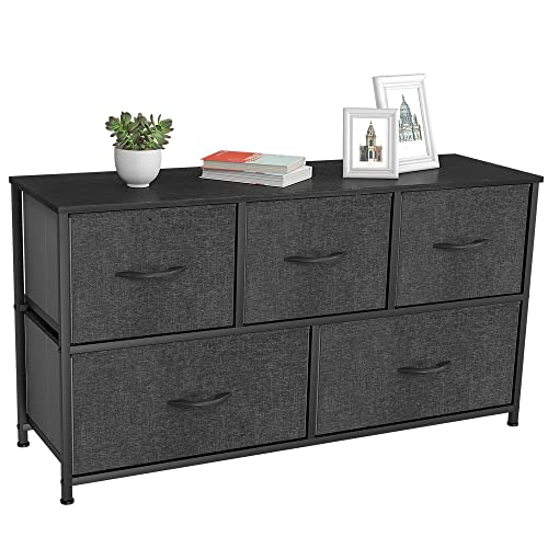 YITAHOME Storage Tower with 4 Drawers & Wooden Top (Black Grey) & Storage Dresser, Wide 5 Drawers, Black Grey