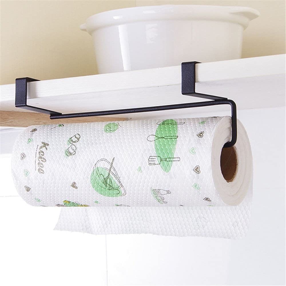 Andy's Orchids Under Cabinet Paper Roll Rack, Over Door Towel Holder, Metal Tissue Hanger Organizer Rack Shelf for Toilet Kitchen Accessories (Black)