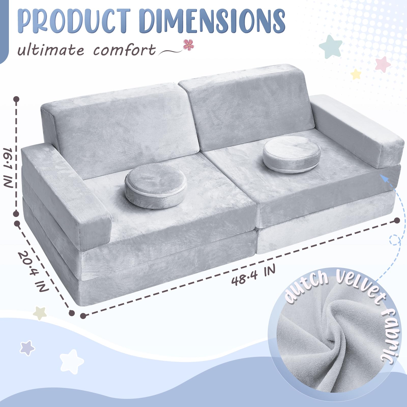 Mmucco Kids Play Couch, 10Pcs Toddler Couch, Kids Sofa Couch, Play Couch Sofa Playroom Bedroom,Modular Kids Couch for Playing, Creativing, Sleeping (Grey)