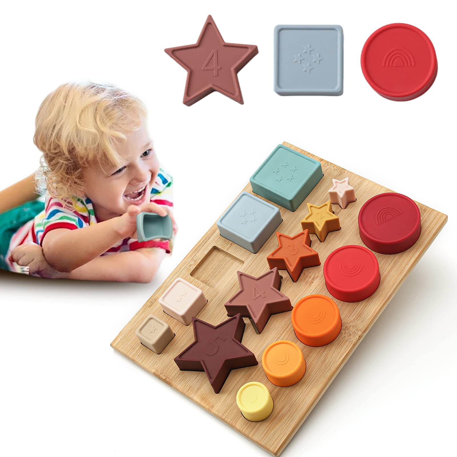 ibwaae Soft Silicone Stacking Toys Set 15 Pcs Natural Rainbow Color Nesting Cups and Silicone Stacking Cups Montessori Toy for Baby(Wooden Base)