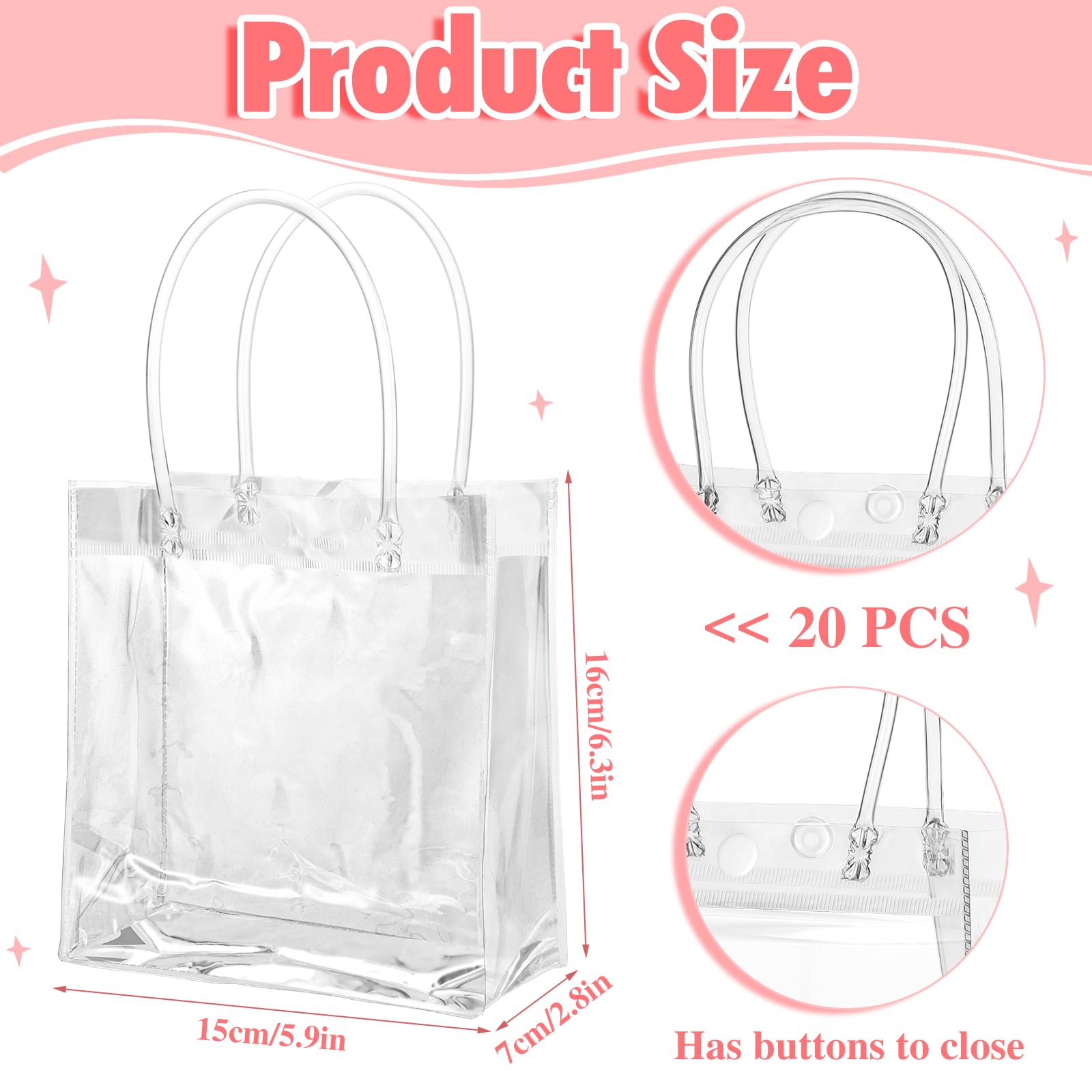 BESARME 20 Pack 6.3" x 5.9" x 2.8" Clear Gift Bags with Handle, Reusable Plastic Small Gift Bags for Party Favors Christmas Wedding Birthday