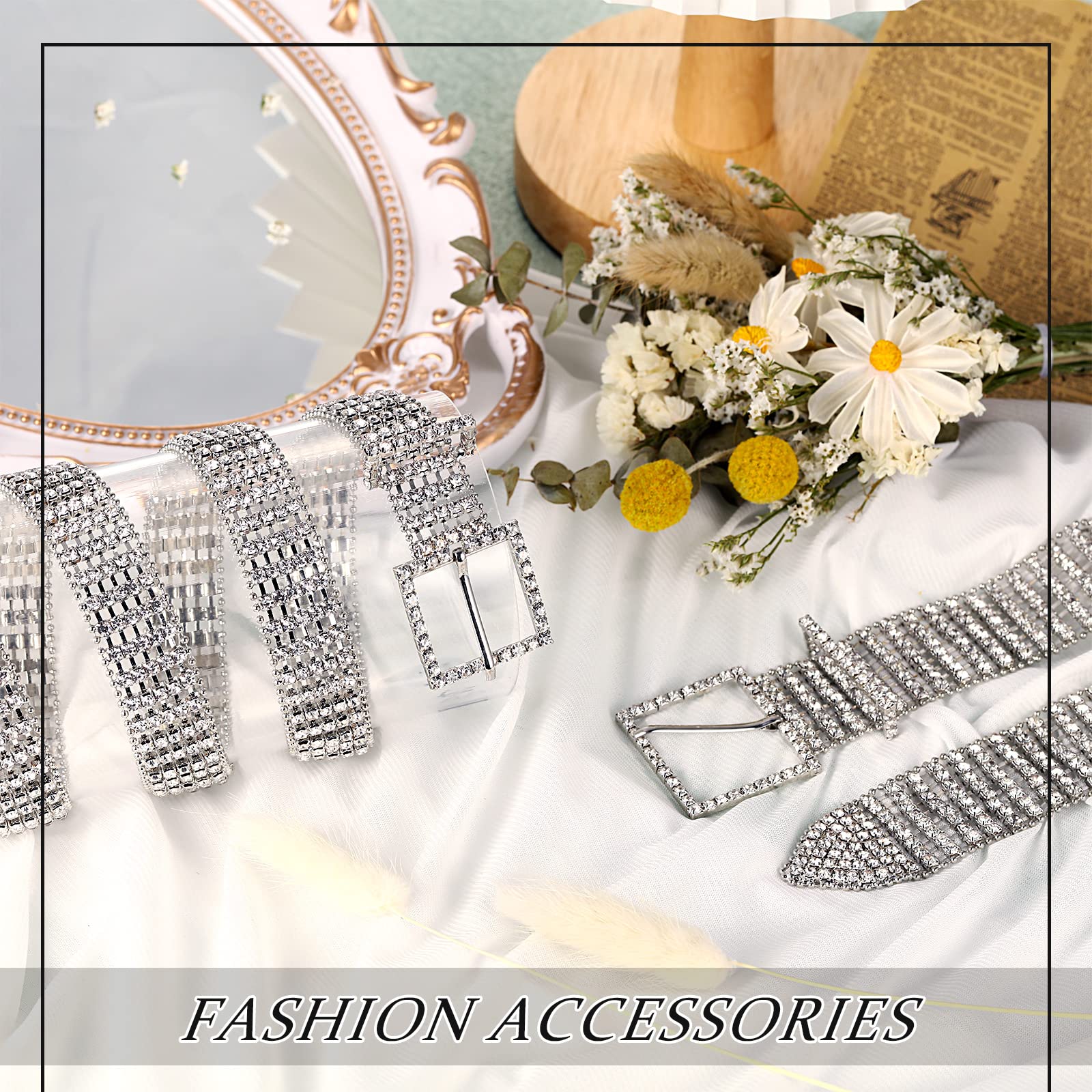 Geyoga 2 Pieces 5-8 Rows Women Rhinestone Belts Shiny Waist Belts Bling Glitter Chain Waistband for Jeans Dresses Pants (Silver)