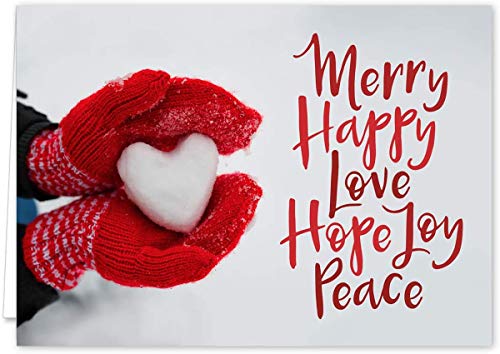 Red Mittens Heart Holiday Christmas Card - Set of 25 cards, 5'' x 7'' folded. Verse inside. Made in the USA. Blank white envelopes