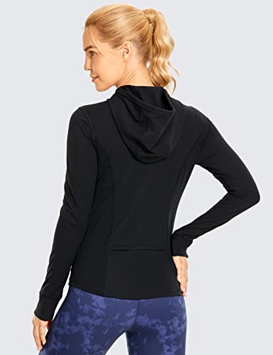 CRZ YOGA Women's Brushed Full Zip Hoodie Jacket Sportswear Hooded Workout Track Running Jacket with Zip Pockets Black Medium