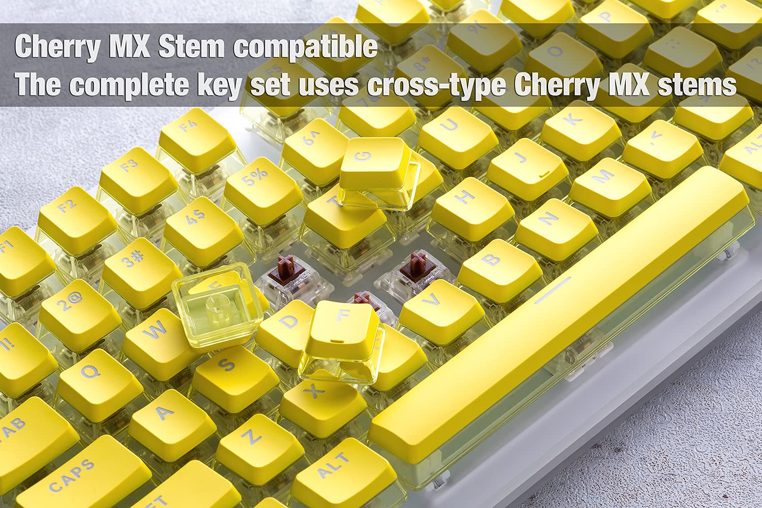GUNMJO Crystal Pudding Keycap for Gaming Keyboard with Cherry MX Switches, ABS Translucent Keycaps for Backlit Mechanical Keyboard, OEM Profile 104 Keys with 6.25U Space Bar, Painted Yellow Color