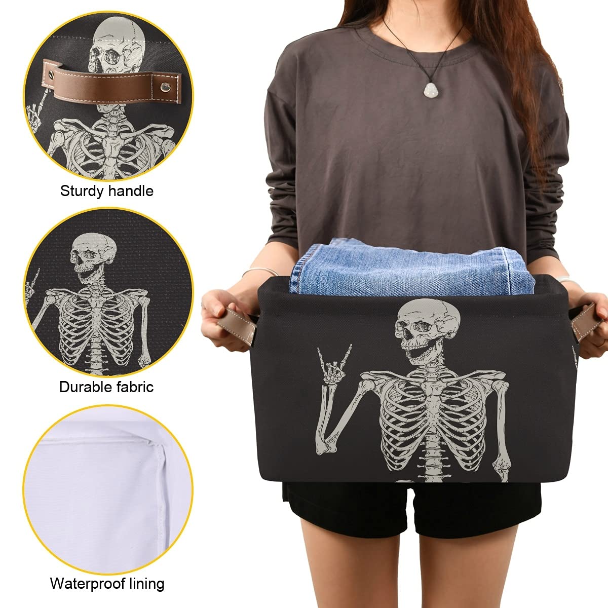 AUUXVA Human Skeleton Skull Storage Bins Basket, Day of The Dead Halloween Collapsible Storage Cube Rectangle Storage Box with Handles for Shelf Closet Nursery Bedroom Home Office 1 Pack