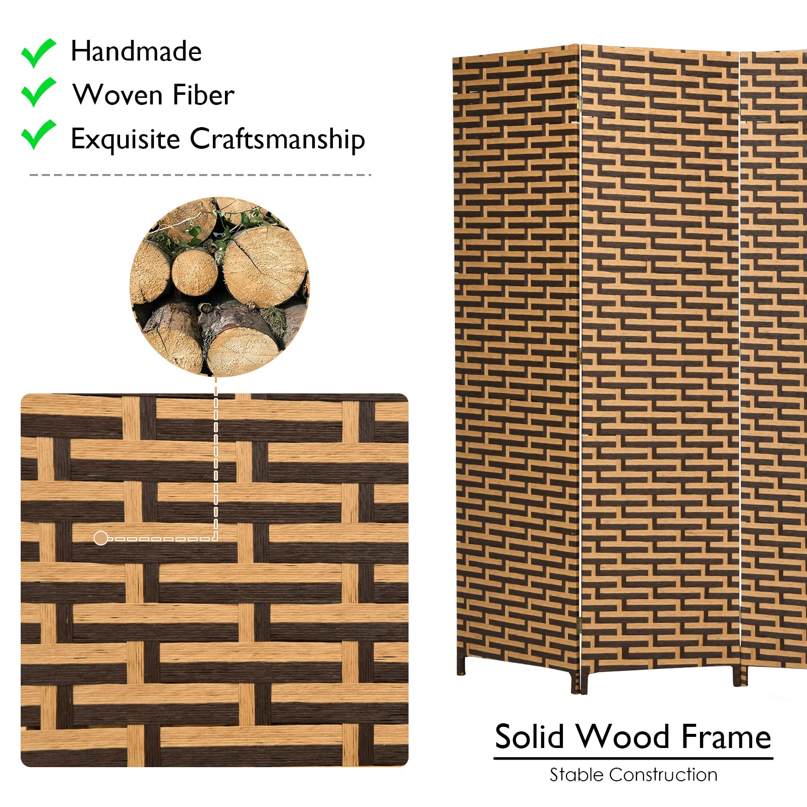Giantex Room Divider, 6 Ft 4 Panel Handmade Rattan Room Divider, Wood Folding Screen Room Separating Divider, Freestanding Small Boho Room Dividers