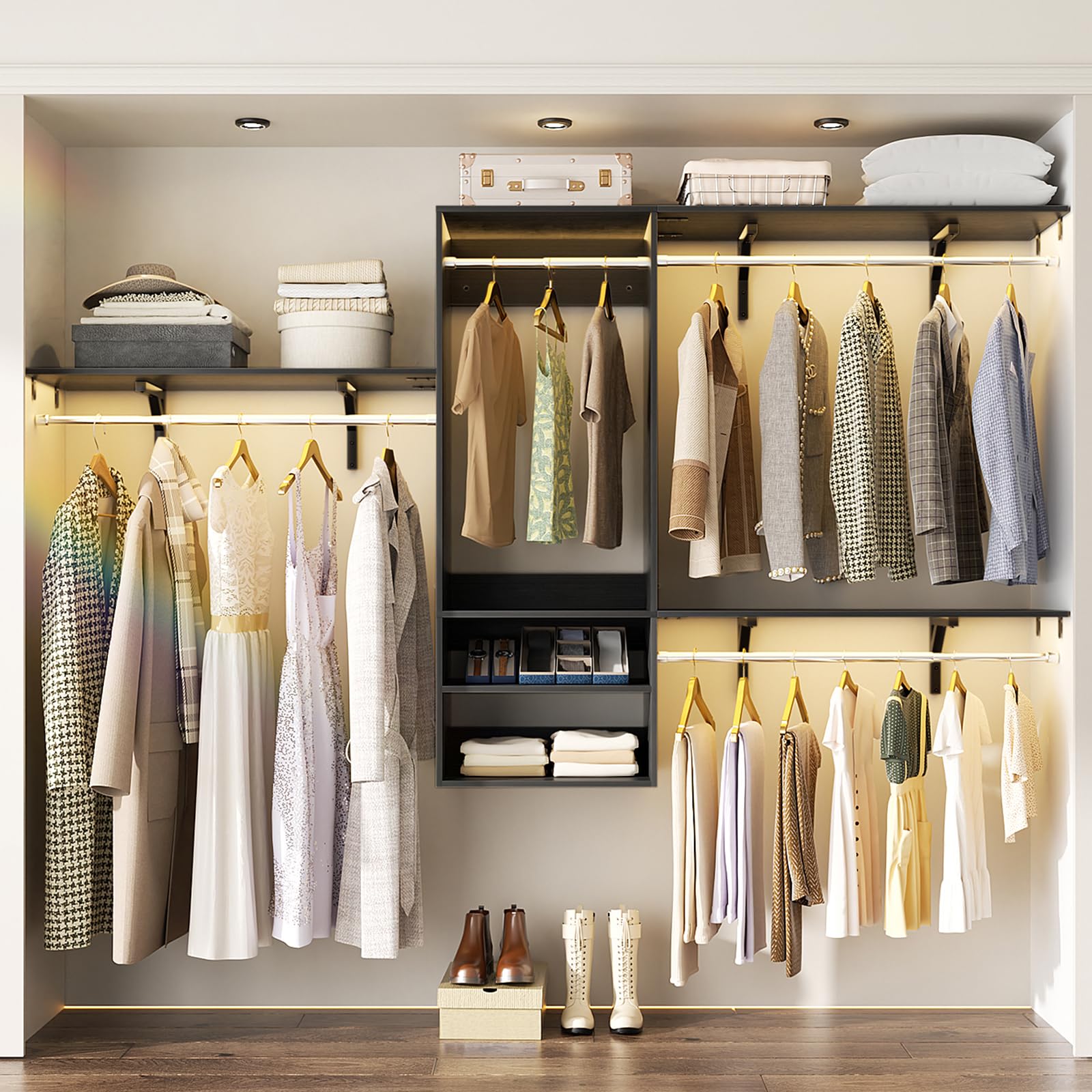 Besiost 96 Inch Hanging Closet System, 8 FT Closet Organizer System with Hanging Rod, Walk In Mounted Closet System, Built-In Clothes Garment Rack with 3 Shelving Towers(Can Be Cut To Fit), White