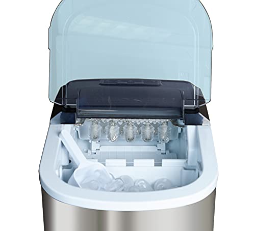 Angel Canada Stainless Steel Portable Ice Maker Compact Countertop with Panoramic View Window, Ice Cube Machine, Bullet Cubes in S/L Size 26 lb/24H for Home Office Party, Boat RV