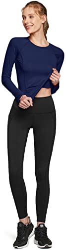 ATHLIO Women's Sports Compression Shirt, Cool Dry Fit Long Sleeve Workout Tops, Athletic Exercise Gym Yoga Shirts, 2pack White/Navy, Medium