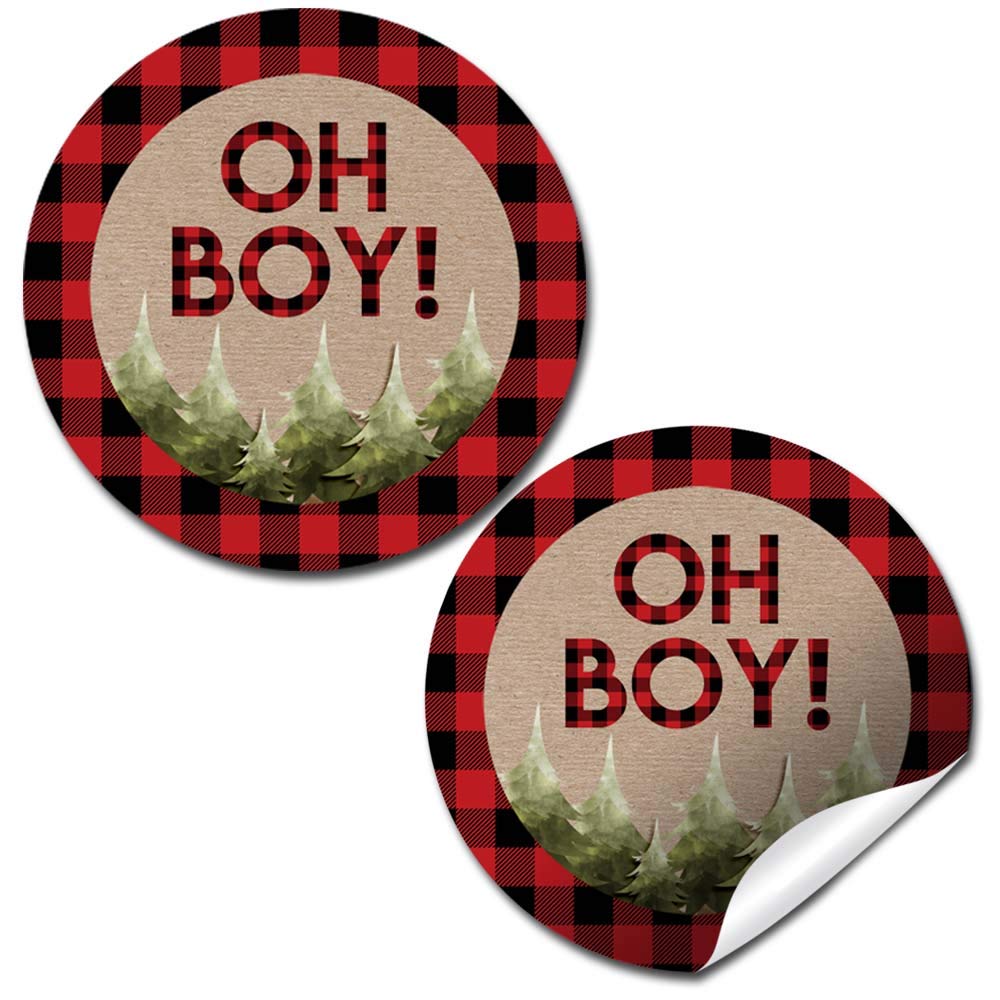 Oh Boy! Outdoorsy Red and Black Plaid Lumberjack Baby Sprinkle Baby Shower for Boys Thank You Sticker Labels, 40 2" Party Circle Stickers by AmandaCreation, Great for Party Favors, Envelope Seals & Go