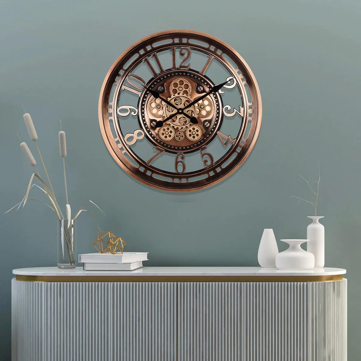 INFINITY TIME 21 Inch Moving Gears Wall Clock,Large Wall Clocks for Living Room Decor,Metal Decorative Wall Clock,Copper Roman Numeral