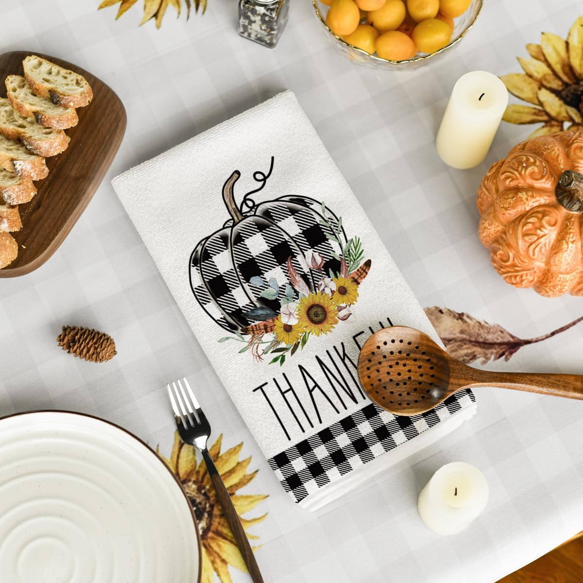 Artoid Mode Buffalo Plaid Pumpkin Home Fall Kitchen Towels and Dish Towels, 18 x 26 Inch Harvest Thanksgiving Drying Cloth Tea Towels for Cooking Baking Set of 4