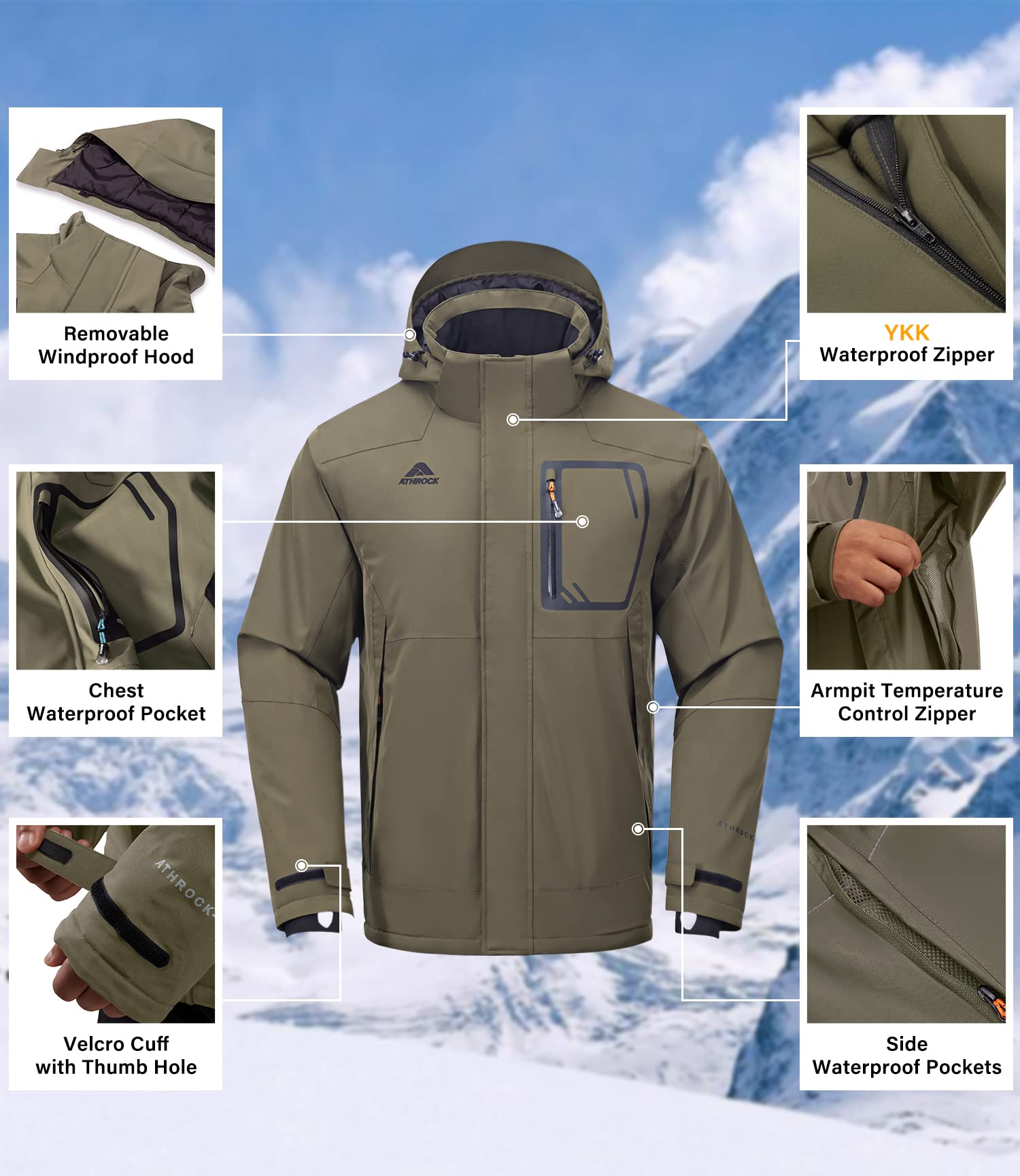 Athrock Winter Jackets for Men Ski Snow Waterproof Fleece Warm Snowboard Coats Hooded Windbreaker Rain Jacket