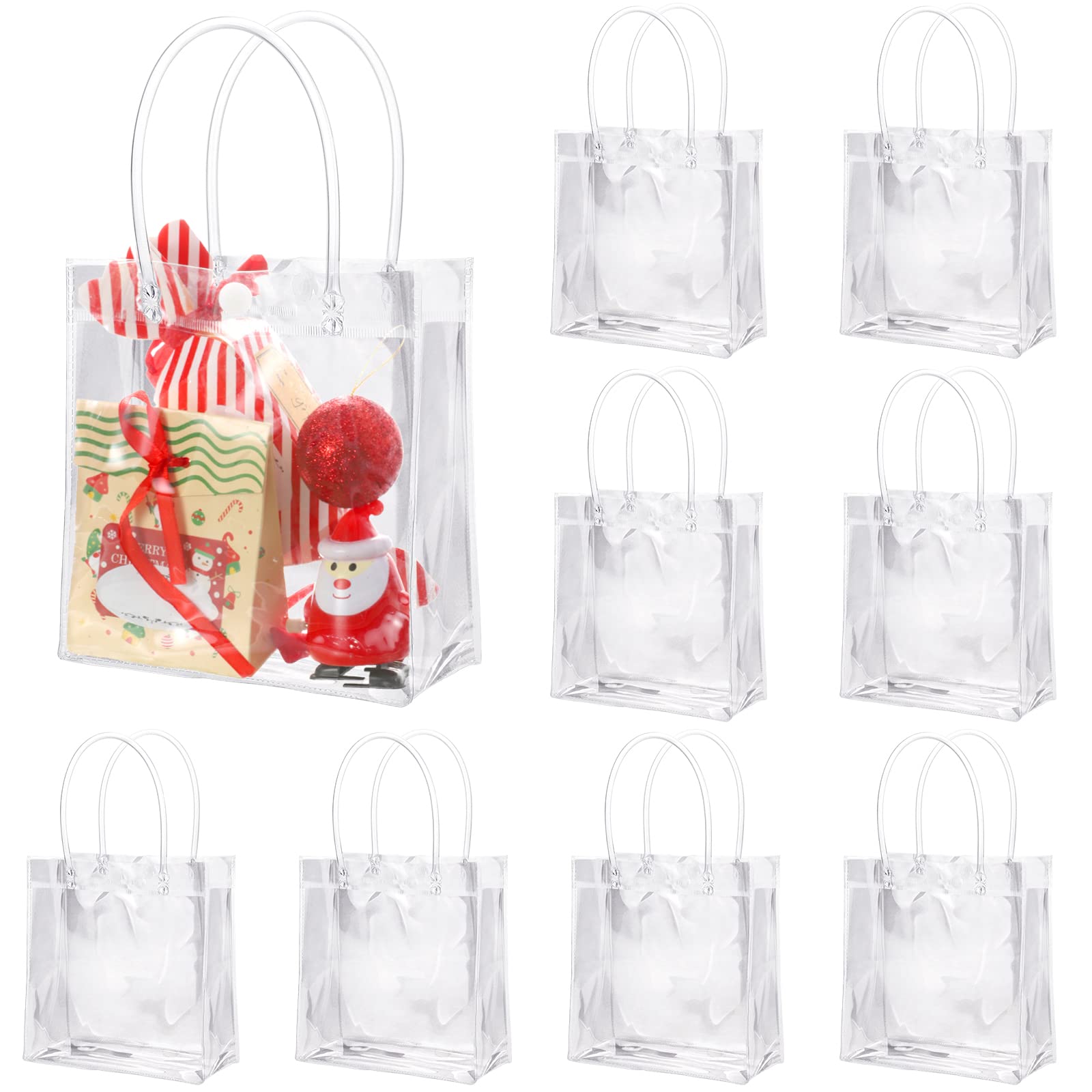 BESARME 20 Pack 6.3" x 5.9" x 2.8" Clear Gift Bags with Handle, Reusable Plastic Small Gift Bags for Party Favors Christmas Wedding Birthday