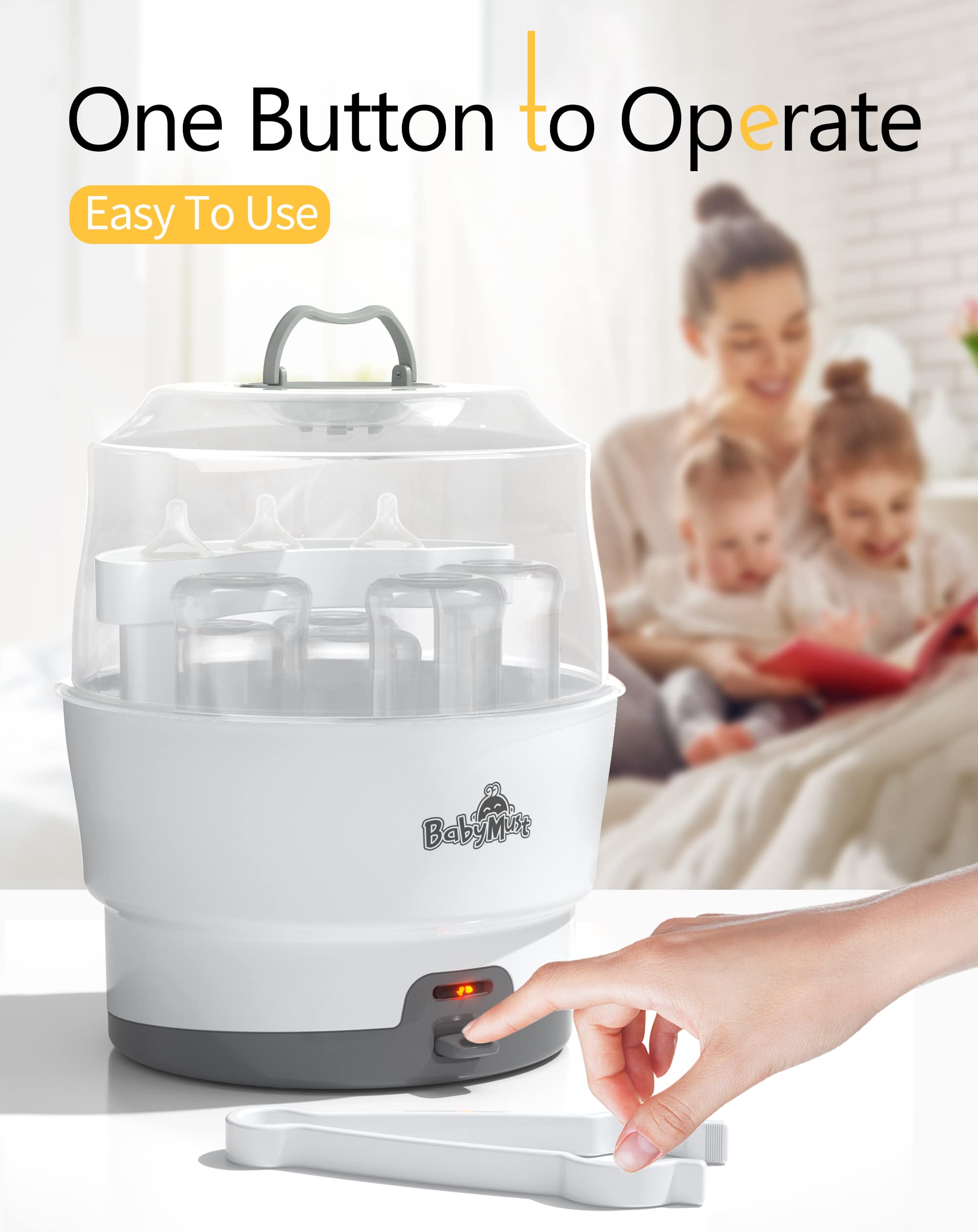 Baby Bottle Sterilizer, Electric Steam Bottle Sanitizer Clean Baby Supplys Like Pacifiers, Nipples, Teethers, Toys&Breast Pump Accessories with One Button Control, BPA-Free