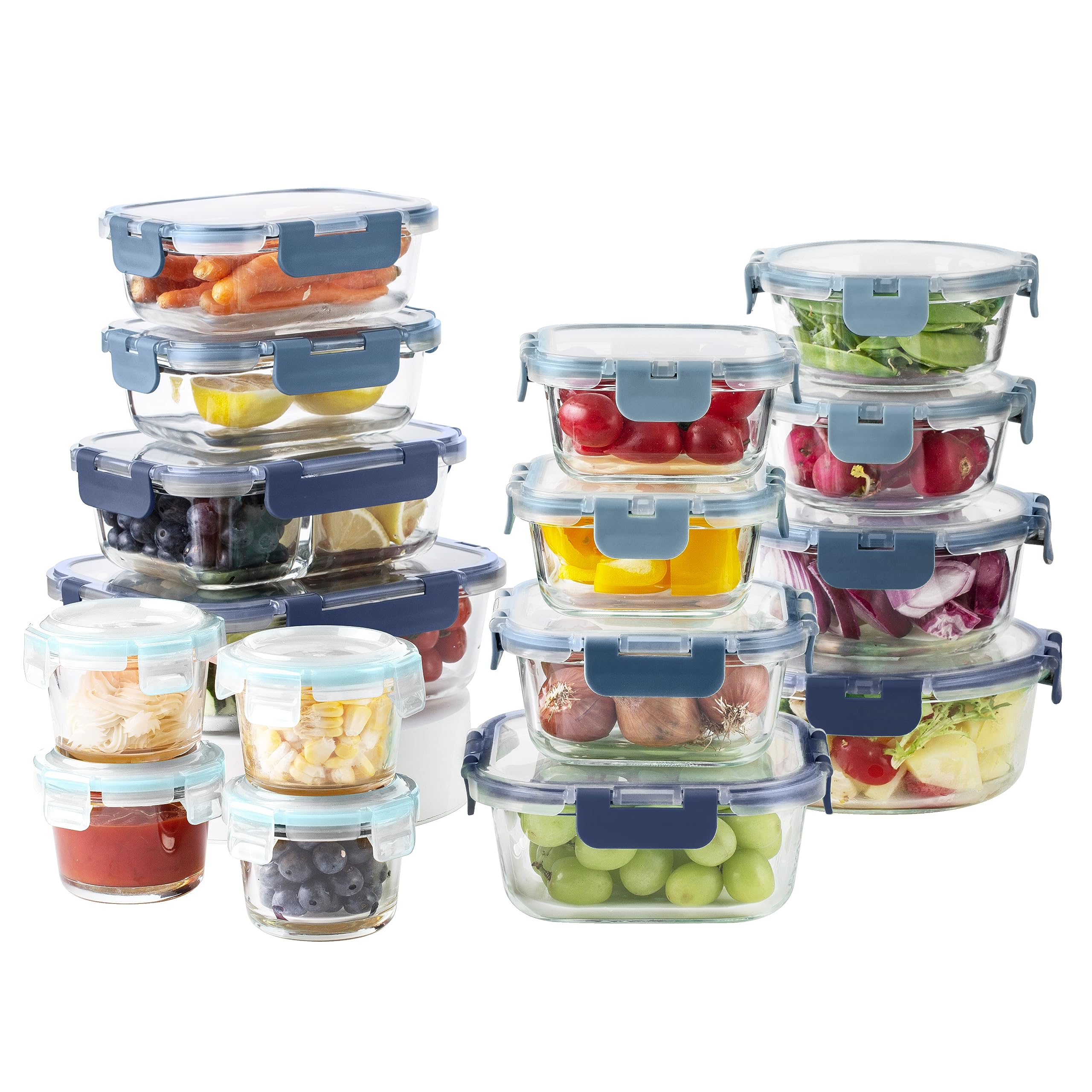 COOK WITH COLOR Premium 32-Pc. Borosilicate Glass Food Container Set with Dividers - 4 Rectangles, 8 Rounds, 4 Squares - Leakproof Lids - Meal Prep, Storage, Green